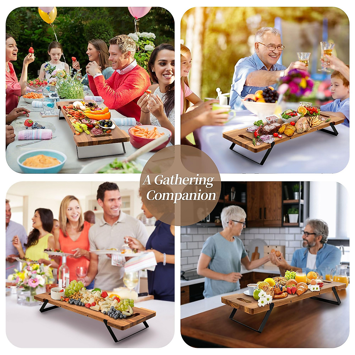 Hanobe Charcuterie Cheese Board Large: Long Acacia Serving Wooden Riser with Handles Folding Appetizer Boards Raised Wood Plank for Parties Buffet Food Display and Farmhouse Counter Decor