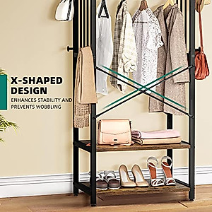YITAHOME Industrial Hall Tree Garments Rack with Storage Shelves and Hanging Rod, Coat Rack Freestanding with 8 Hanging Hooks, Tall Clothes Rack Closet Organizer for Hallway, Bedroom, Rustic Brown
