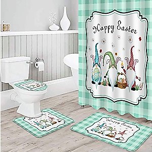OneHoney Shower Curtain Sets 4 Pieces with Non-Slip Rugs Easter Gnome with Spring Flowers and Eggs,Waterproof Bathroom Curtains, Teal Buffalo Plaid Decor Bath Mat, Toilet Lid Cover and Floor Door Mat