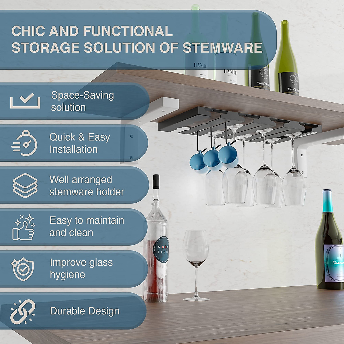 CHILLEX MART - Wine Glass Holder Under Cabinet & Shelf, Wine Glass Hangers Stemware Wine Rack, Hanging Wine Glass Rack with 3 Free Mug Hooks for Kitchen & bar Restaurant Storage (Black, 4 Rows)