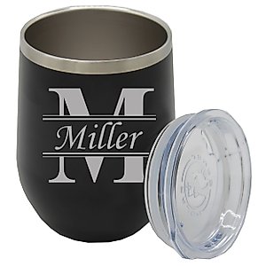 Custom Engraved Insulated Stemless Wine Tumbler Cup - Personalized Bridesmaid Beach Pool Girls Fun - Monogrammed (Black)