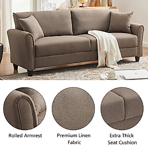 mikibama 85 Inches Mid-Century Modern Couch 3 Seater Long Sofa with 2 Throw Pillows Linen Fabric Upholstered Sofa with Rolled Armrest for Living Room, Bedroom (Light Brown)