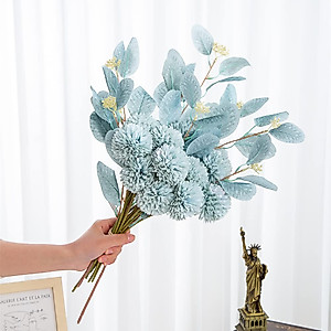 RUJIU 6 Pieces/lot Artificial Plants Fake Eucalyptus Leaves of Bouquet for Bride Home Table Garden Decoration (Light Blue)