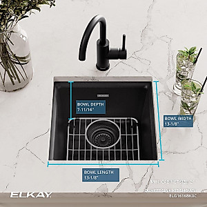 Elkay Quartz Classic ELG1616BK0C 15-3/4" x 15-3/4" x 7-11/16", Single Bowl Dual Mount Bar Sink Kit, Black