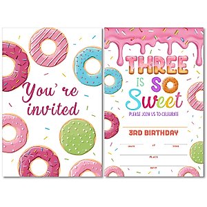Cute Donut Three is Sweet 3rd Birthday Party Invitations with Envelopes Set of 20 Dessert Sweets Donut 3 Years Old Birthday Party Invites