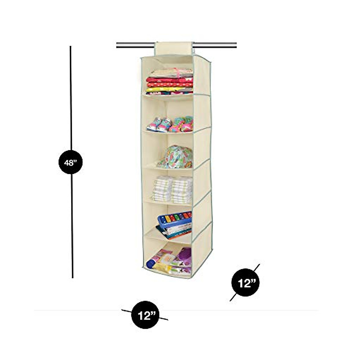 Smart Design Shelf Cubby Hanging Organizer w/ Hook & Loop - VentilAir Material - Clothing, Clothes, Accessories, & Closet Storage - Home Organization (6-Tier, Beige w/ Slate Trim)