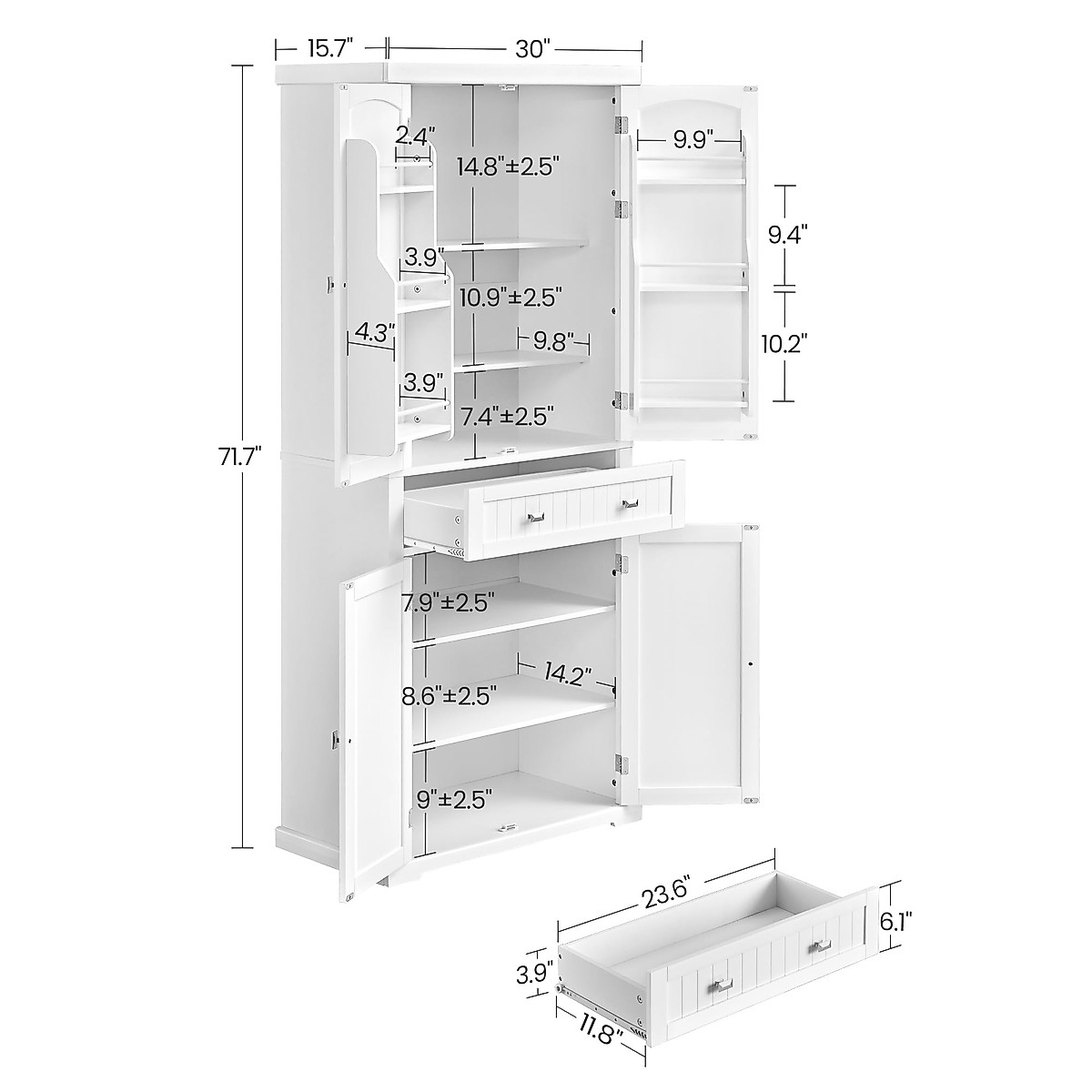 VASAGLE Pantry Cabinet, 71.7-Inch High Freestanding Tall Cupboard Storage Cabinet with a Drawer, 2 Cabinets, 4 Adjustable Shelves, 6 Door Shelves, for Living Room, Kitchen, White UBBC561P31V2
