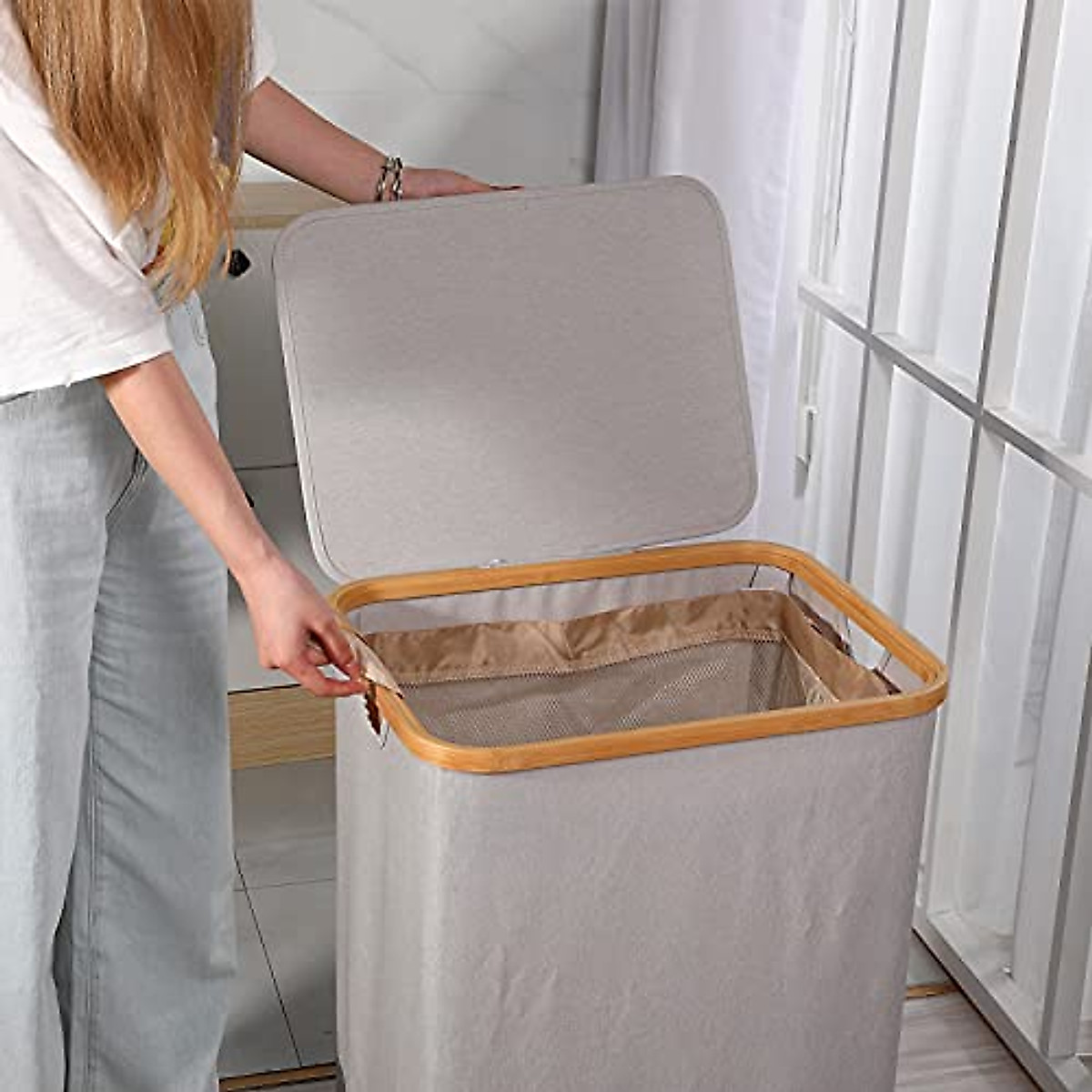 Large Laundry Hamper with Lid - Collapsible Laundry Baskets with Wheels and Removable Laundry Bag, 105L Capacity Dirty Clothes Hampers with Handles for Living Room, Bedroom, Laundry Room, Beige+Black