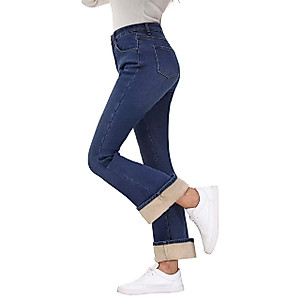 KDF Women's Fleece Lined Jeans Flare Bell Bottom Jeans Winter Super Warm Thick Fleece Denim High Waisted Stretch Jeans Fleece Pants 14,Dark Blue
