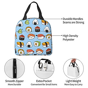 Echoserein Kawaii Japanese Sushi Blue Lunch Bag Insulated Lunch Box Reusable Lunchbox Waterproof Portable Lunch Tote For Women Men Girls Boys