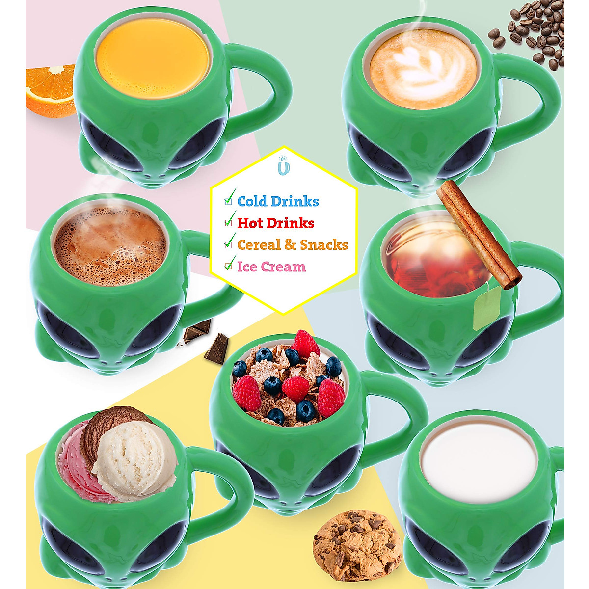 MUGNIV Novelty 3D Green Alien Mug - Cute Cute Coffee Mugs for Women and Men, Funny Coffee Mug Space Gift for Coffee Lovers, Cool Alien Head Fun Glassware Ceramic Mug for Hot and Cold Drinks - 17 Oz