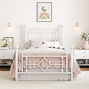 SHA CERLIN 14 Inches Twin Size Metal Platform Bed Frame/Vintage Iron-Art Headboard and Footboard/Mattress Foundation for Storage/No Box Spring Needed/Noise-Free/Easy Assembly/White