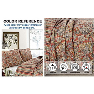 Cozy Line Home Fashions Red Orange Vintage Reversible 100% Cotton 3-Piece Quilt Bedding Set, Coverlet Bedspread (Lara Spice Paisley, King - 3 Piece)