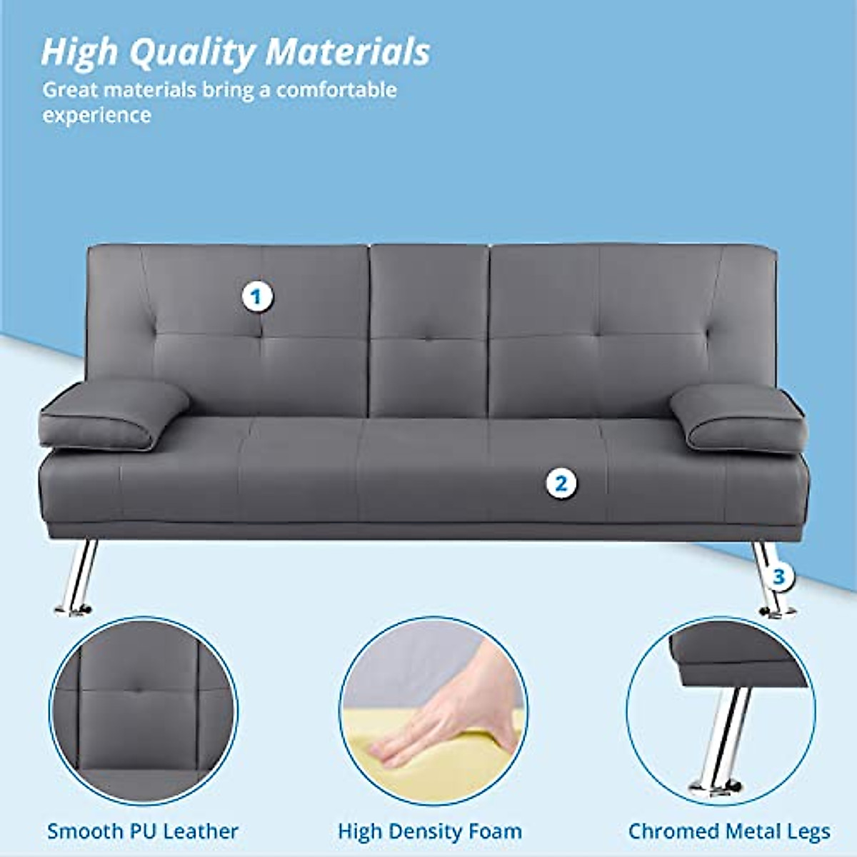 Naomi Home Futon Sofa Bed, Faux Leather Futon Couch with Armrest and 2 Cupholders, Pull Out Sofa Bed Couch Convertible with Metal Legs, Folding, Reclining Couch Bed, Futon Bed for Living Room - Gray