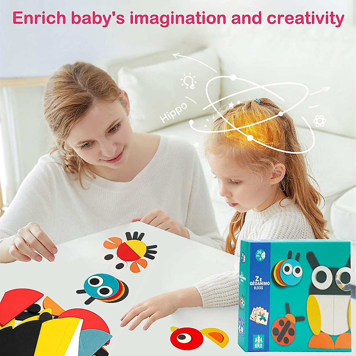 BLATOMY Wooden Pattern Blocks, Jigsaw Puzzle Montessori Toys Geometric Shapes Blocks, Tangram Montessori Toys for Kids, 29 Shape Puzzles and 20 Pattern, Early Learning Toys for 3+ Years Old