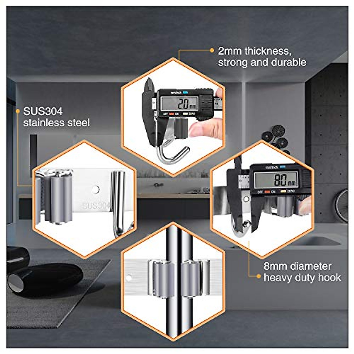 POPRUN Broom Mop Holder Wall Mount Stainless Steel Garden Tool Hanger Garage Organizer Home Kitchen Laundry Storage, 3 Racks 4 Hooks, Grey