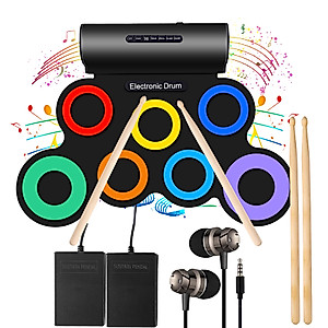 Oirtmiu Portable Electronic Drum Set Roll-Up Drum Practice 7 Pads Drum Kit Built-in Speaker with Headphones Drum Pedals Drum Sticks 10 Hours Playtime, Great Holiday Birthday Gift for Kids(Rainbow)