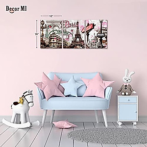 Decor MI Paris Canvas Wall Art Pink Eiffel Tower Paris Decor for Bedroom Canvas Print Wall Art Girls Romantic French Cityscape Framed Print Oil Paintings Living Room Bathroom Kitchen 12x16inch 3 Piece