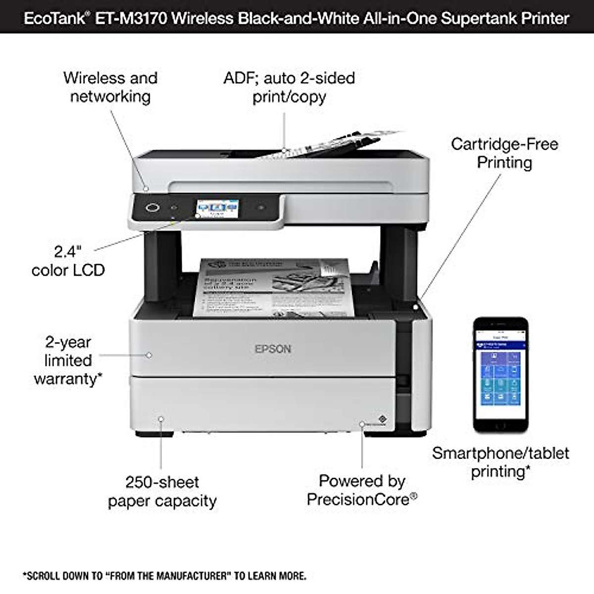 Epson EcoTank ET-M3170 Wireless Monochrome All-in-One Supertank Printer with ADF, Fax and Ethernet PLUS 2 Years of Unlimited Ink*