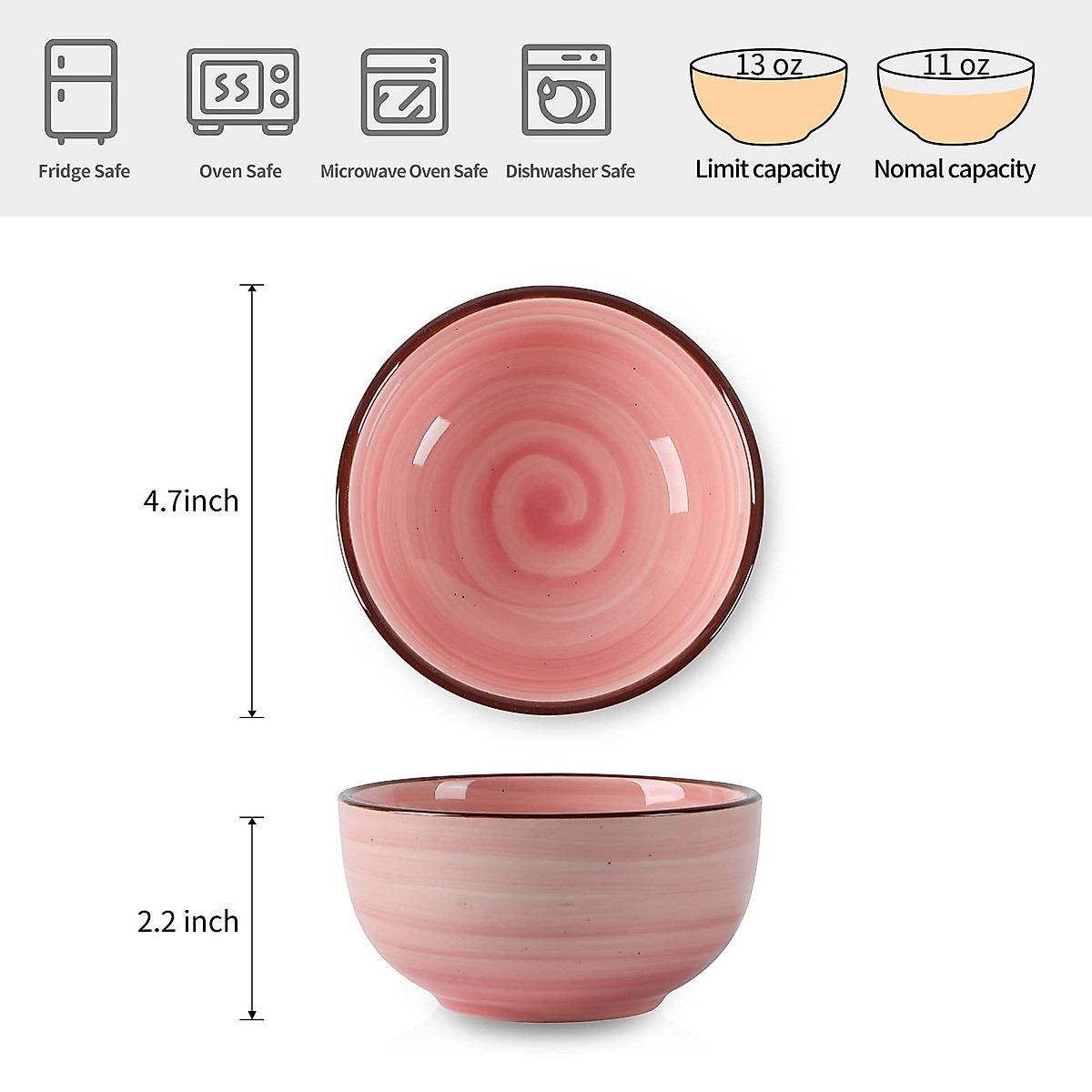 Selamica Ceramic 12 Oz Dessert Bowls Set, Small Cereal Bowls for Kitchen, 4.7 Inch Ice Cream Bowls for Snack Side Dishes Dips, Microwave Dishwasher Safe, Gift, Set of 6, Gradient Color