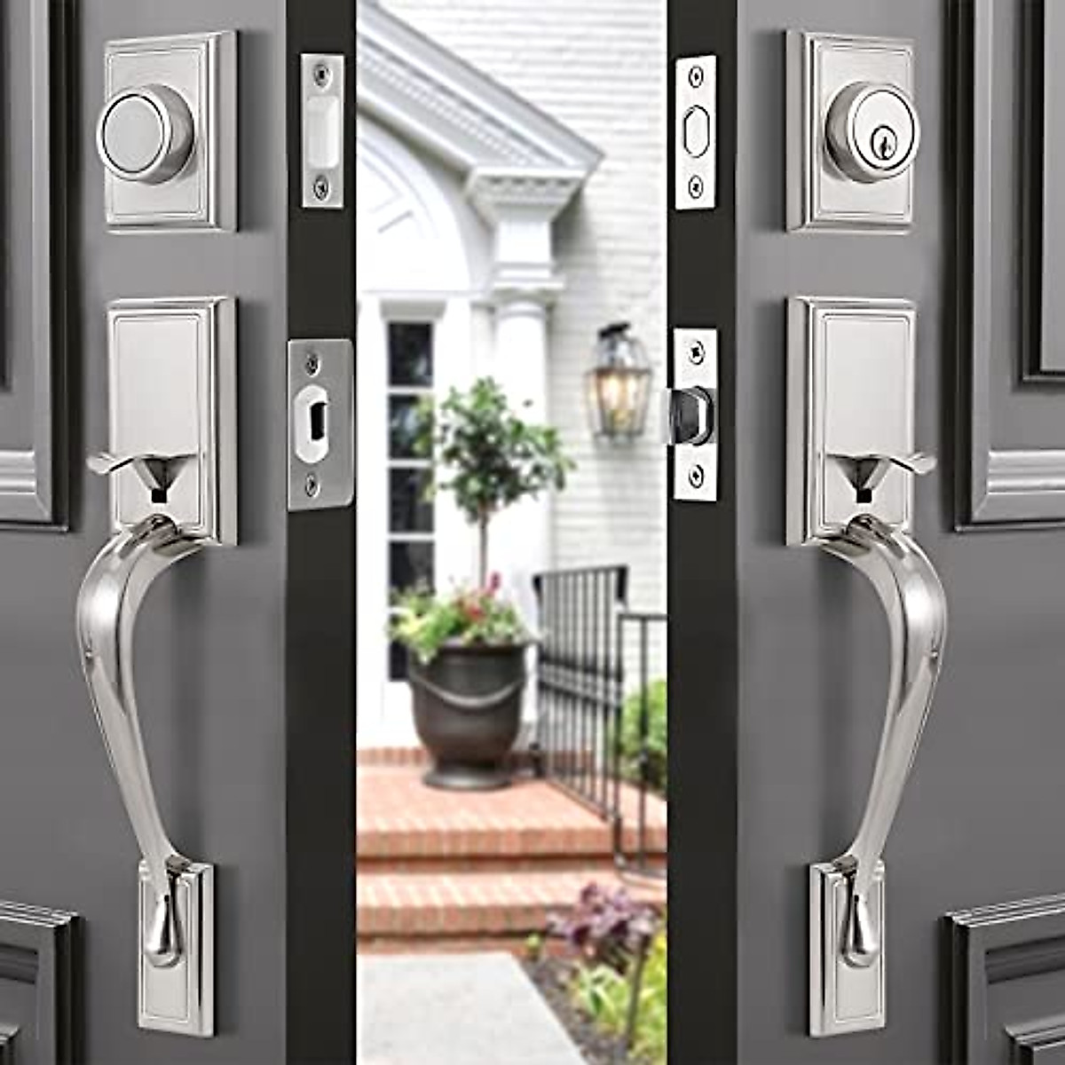 GUA OYH Double Door Handleset for Entryway Satin Nickel Front Door Handle Keyed Dummy Door Lock Set with Handle Lever for Front Door or Office Door, Satin Nickel (for Double Door) (L361516-S-S117)