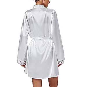 LYANER Women's 3pcs Sleepwear Silk Satin V Neck Lace Trim Cami Top and Shorts Pajama Set with Robe White Small