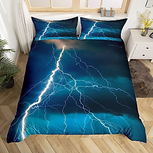 Castle Fairy Lightning Bedding Set,Lightning Storm Duvet Cover for Kids Teen Boys Girls,Blue and White Comforter Cover Decorative Room,Natural Weather Quilt Cover with 2 Pillowcases,Full Size