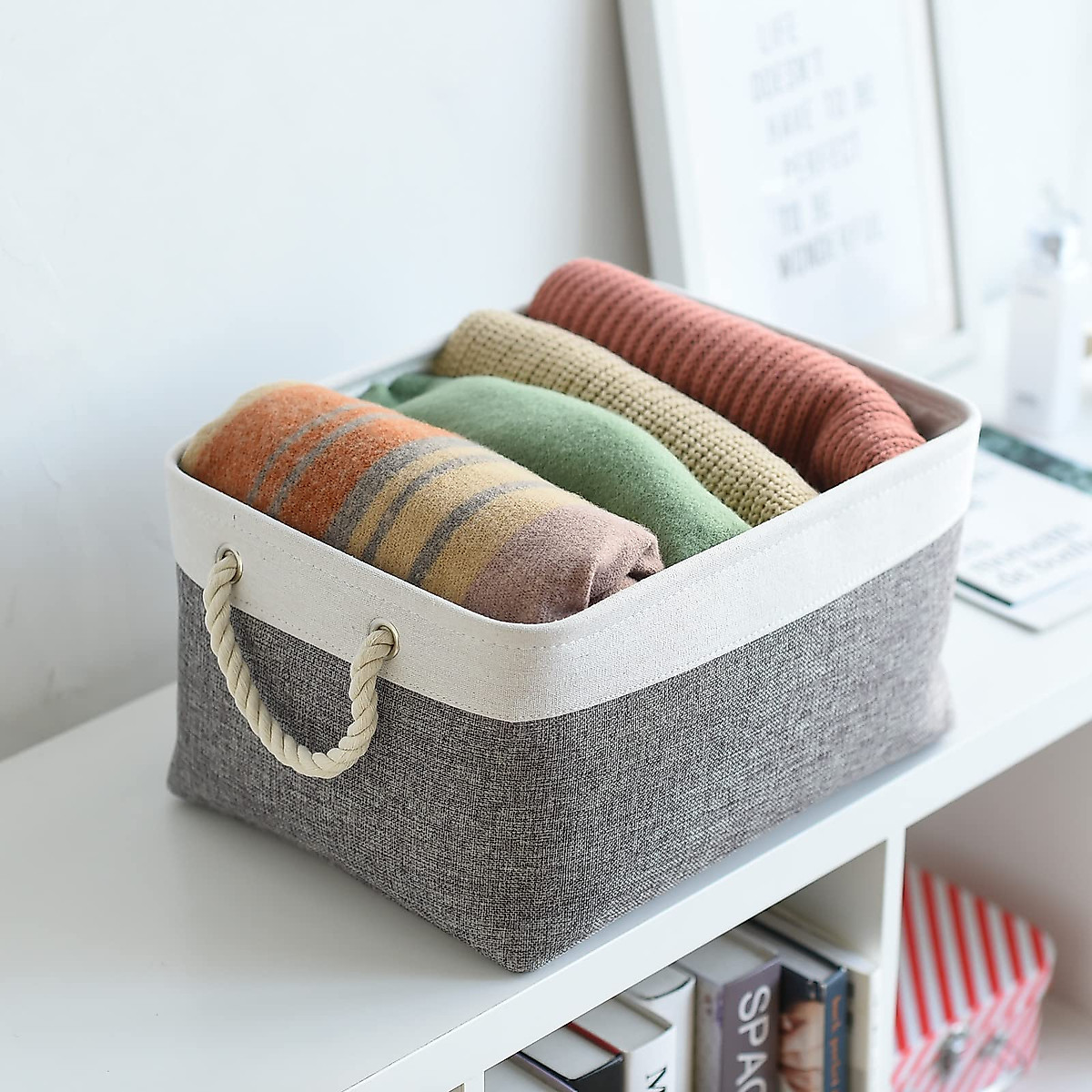 Sacyic Large Storage Baskets for Shelves, Fabric Baskets for Organizing, Collapsible Storage Bins for Closet, Nursery, Clothes, Toys, Home & Office [3-Pack, White&Grey]