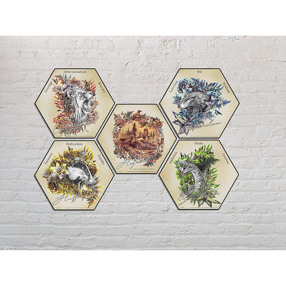 Trend Setters Harry Potter - Hufflepuff - Utilitarian Romance - 11.5” X 10” Hexagon KNEXAGON Wood Print – Tabletop Display, Hang Alone or Connect to Other Pieces – Officially Licensed Collectible