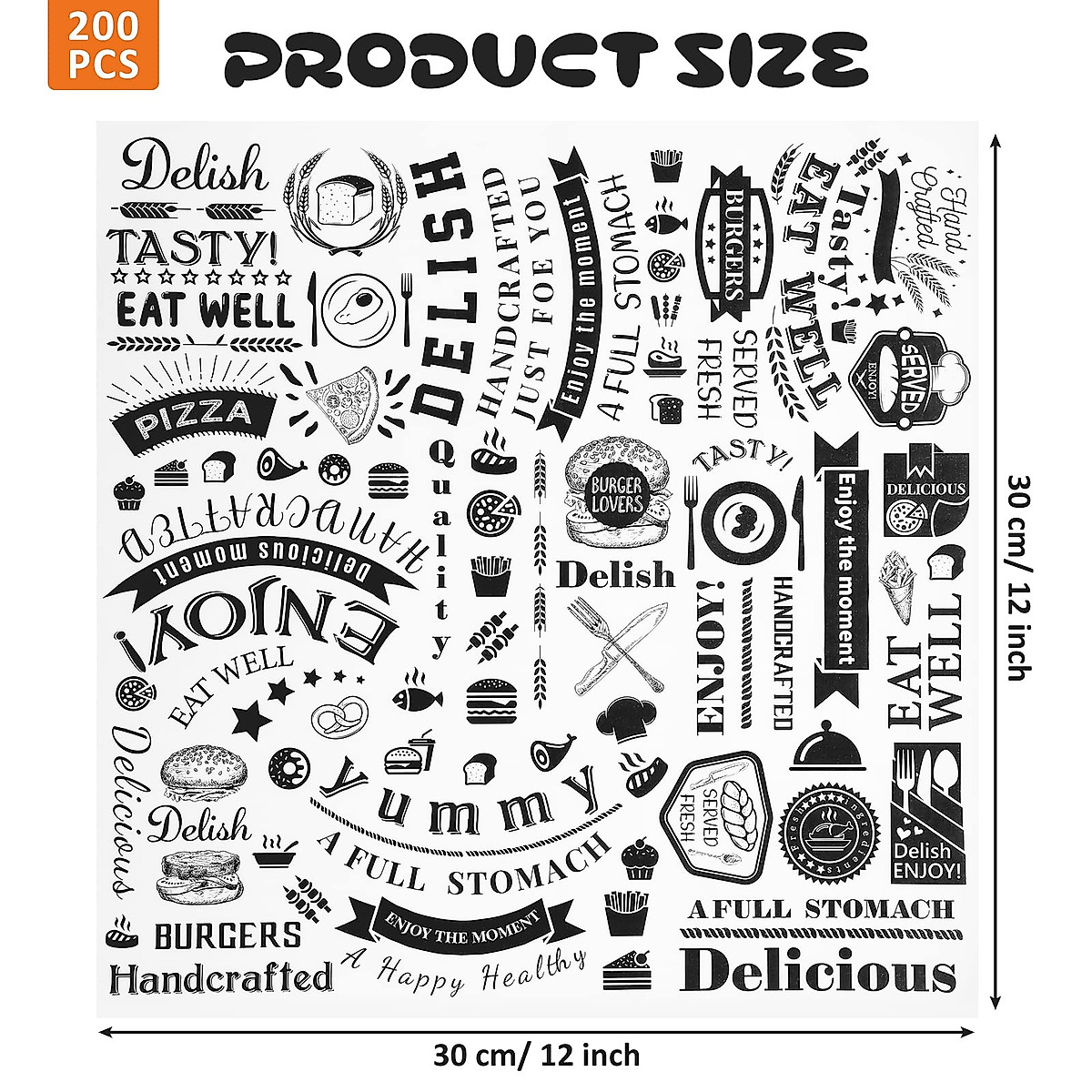 Deli Wax Paper Sheets Grease Resistant Tray Basket Liners Square Hot Dog Wrappers White Newsprint Paper Water and Grease Proof Sandwich Wrapping Paper for Food Baking, 12 x 12 Inch (200, White)