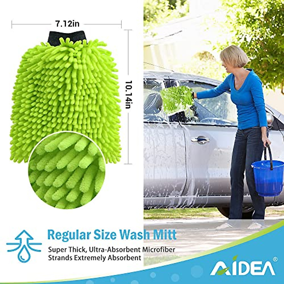 AIDEA Car Wash Mitt Microfiber, 2PK-Scratch & Lint Free, Premium Chenille Microfiber Wash Mitt-Green Regular Size (7.12''X10.14'')