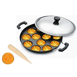 Shriya 12 Pits Appam Maker With Lid Wooden Stick And Nylon Scrubber, Appam Patra Paniyaram Nonstick Cookware Gunta Ponganalu, Small Idli, Paddu Maker, Appa Kara Wooden Stick And Nylon Scrubber
