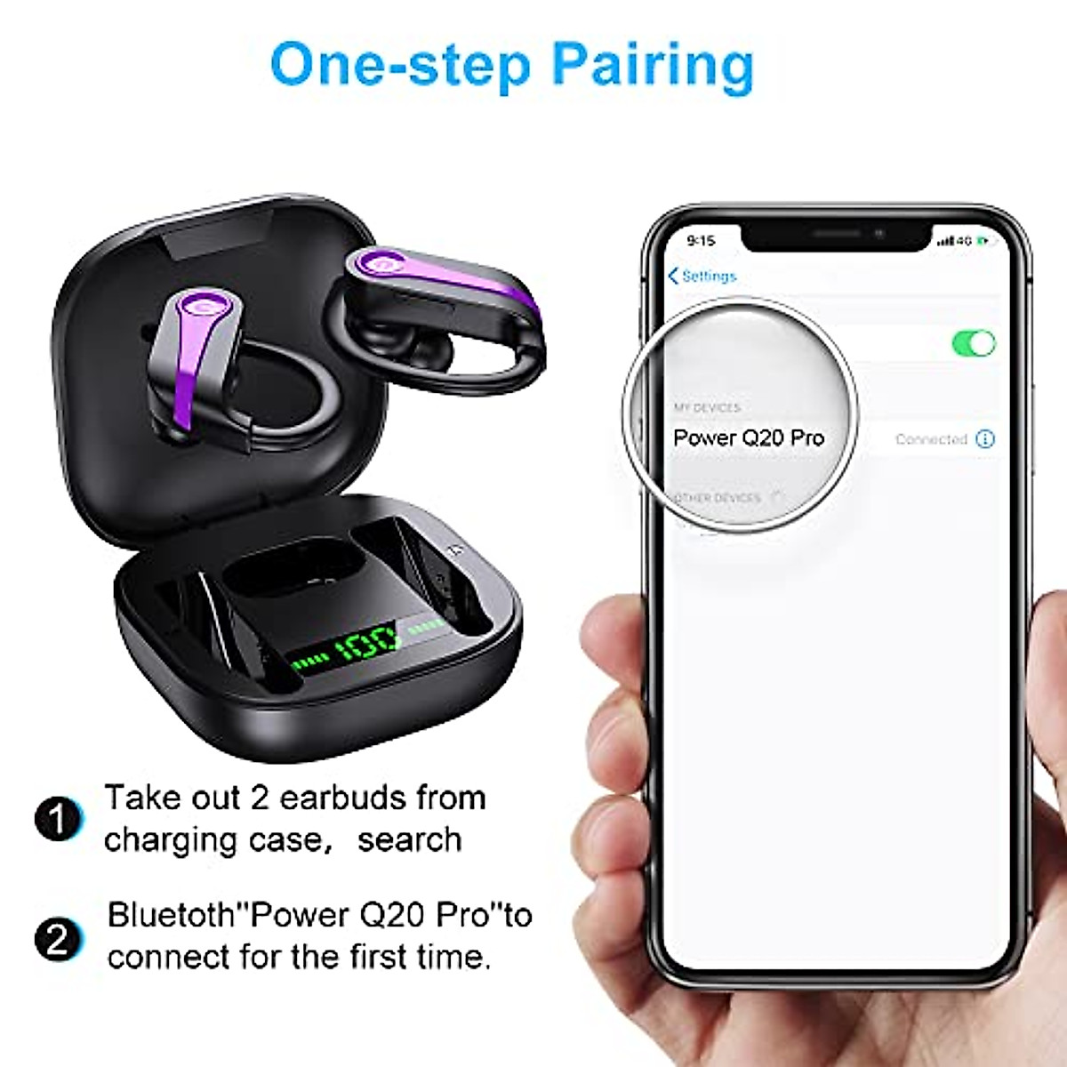 Donerton Wireless Earbud, Chipset 5.1 Sport Headphones with Charging Case, 10Hours Single Playtime Earhooks Headset, Wireless Earphone 6D Stereo HiFi Sound Noise Cancelling for Working/Travel/Gym