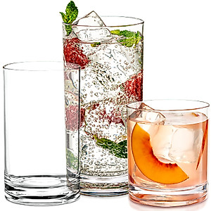 Acrylic Drinking Glasses [Set of 18] Glassware Set Includes 6-17oz Highball Glasses, 6-13oz Rocks Glasses, 6-7 oz Juice Glasses| Heavy Base Glass Cups for Water, Juice, Beer, Wine, and Cocktails…
