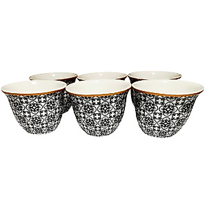 Chandler Espresso Turkish Arabica Coffee Cup Assorted Design Available from Brand 70ml 2.5oz Set of 6 Cups with Gift Box (Porcelain, White Porcelain with Black Flowers H)