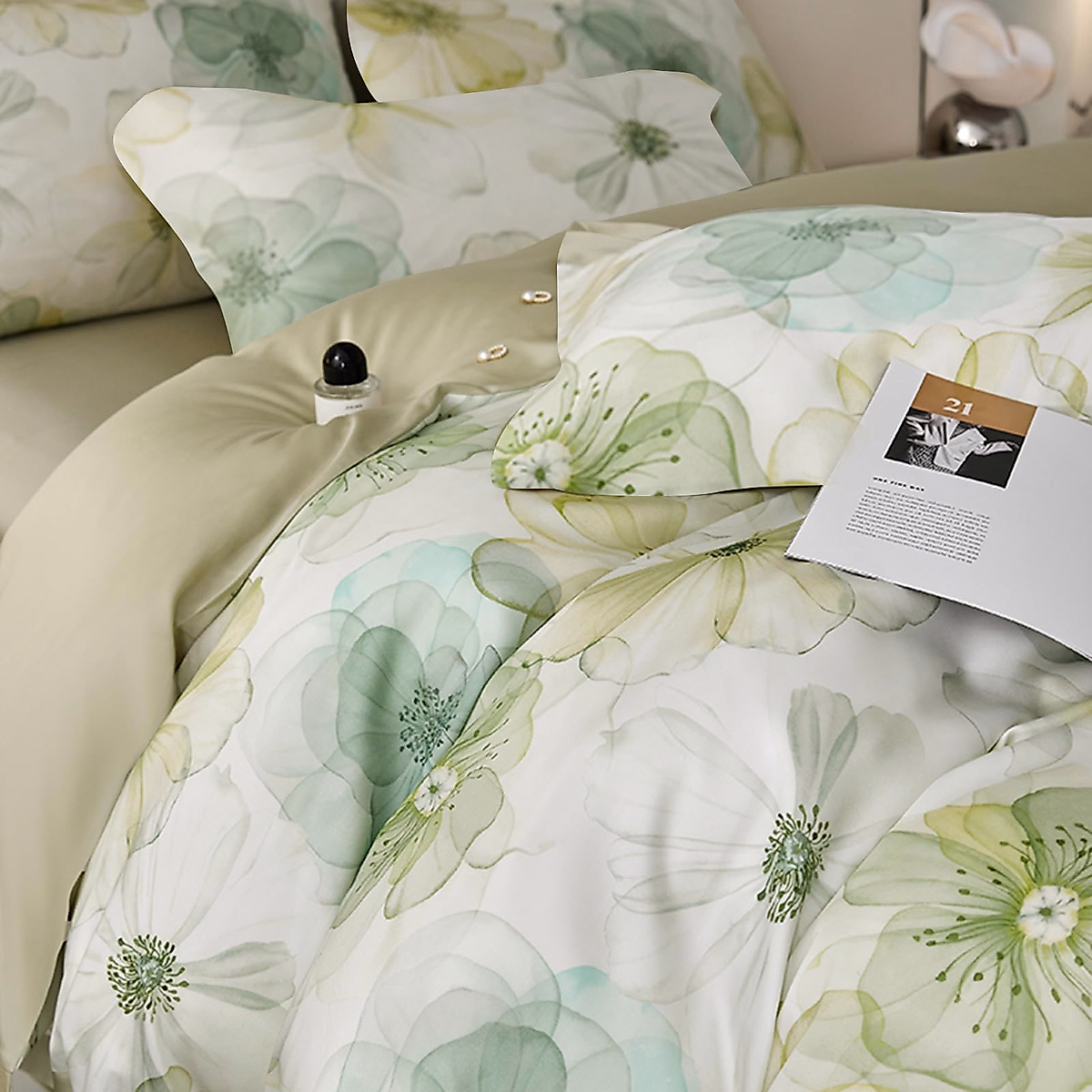 Bildenly Floral Duvet Cover King Size 3pcs Green Reversible Garden Floral Bedding Set with Zipper Closure Chic Style Green Yellow Botanical Flower Comforter Cover for Girls Women with 2 Pillowcases