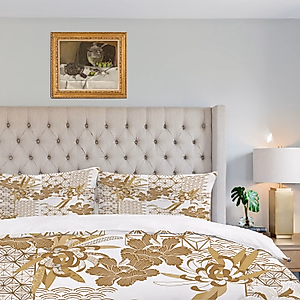 Shrahala Gold Japanese Floral Duvet Cover Set Queen Size, Spring 3 Pieces Soft Brushed 100% Cotton Duvet Covers with Button Closure, 1 Duvet Cover 90x90 inches and 2 Pillow Shams