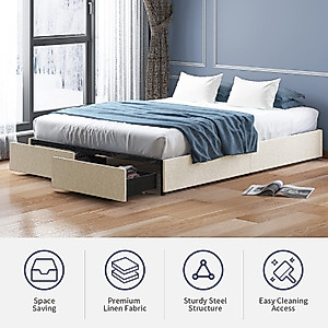 ijuicy Cal King Size Bed Frame with Storage Drawers, Wood Slat Support Bed Frame, Linen Fabric Upholstered Platform Bed, Bed Frame with Large Storage Space,Easy Assembly-Beige
