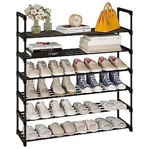 Calmootey 6-Tier Shoe Rack, Tall Large Capacity 30 Pairs Shoes Storage Organizer, Stackable Wide Shoe Shelf for Entryway, Hallway, Black