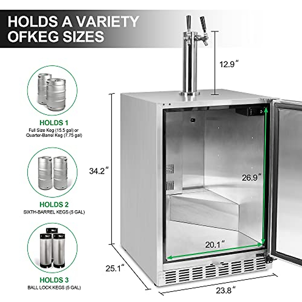 ICEJUNGLE Beer Tap Kegerator, Kegerators Beer Dispenser Beverage Beer Cooler Water Cooler Dispenser 5 Gallon, Full Size Keg,1/4 Keg,1/6 Keg