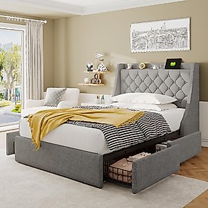 iPormis Twin Size Bed Frame with 4 Storage Drawers, Upholstered Platform Bed Frame with Type-C & USB Ports, Wingback Storage Headboard, Solid Wood Slats, No Box Spring Needed, Light Gray