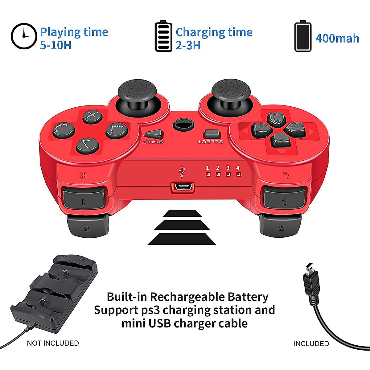 Rzzhgzq 2 Pack PS3 Wireless Controller Playstation 3 Controller Wireless Bluetooth Gamepad with USB Charger Cable for PS3 Console (SILVER+RED)