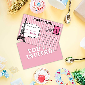 AWSICE Blush Paris Birthday Invitations, Eiffel Tower Double-Sided Fill-In Invite Cards For Birthday Party, 20 Invitations With Envelopes, Decorations,Party Favor And Supply-A10