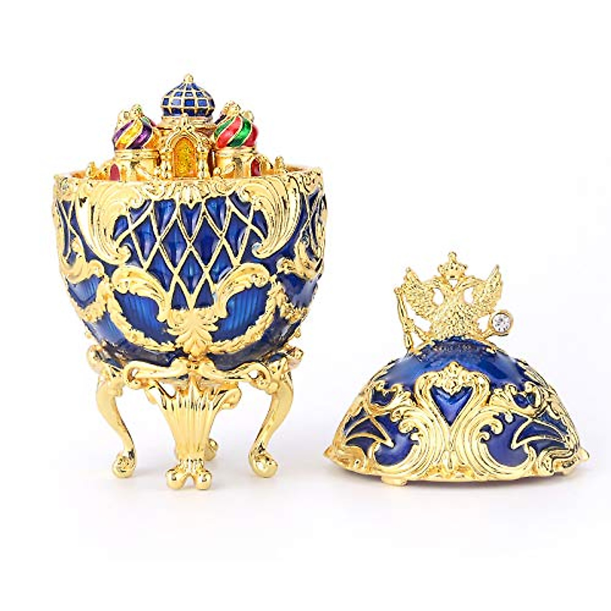 FASALINO Faberge Egg Jewelry Trinket Box Classic Hand-Painted Ornaments Metal Craft Gift for Home Decor (Blue)
