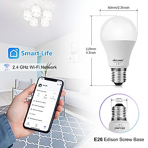 DiCUNO Smart Light Bulbs, Full Color Changing Bulb, Work with Alexa, Google Assistant, No Hub Required, RGBCW Multicolor Dimmable Smart LED WiFi Bluetooth A19 E26 9W 800LM Lights, 1-Pack