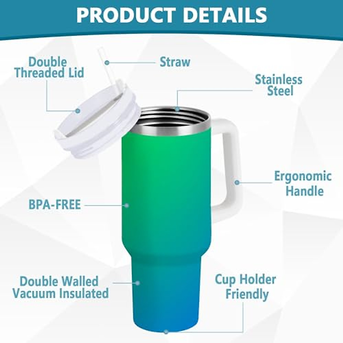 ODAWA Green Blue Gradients Insulated Tumblers 40 Oz Travel Mugs with Handle and Straw Lid