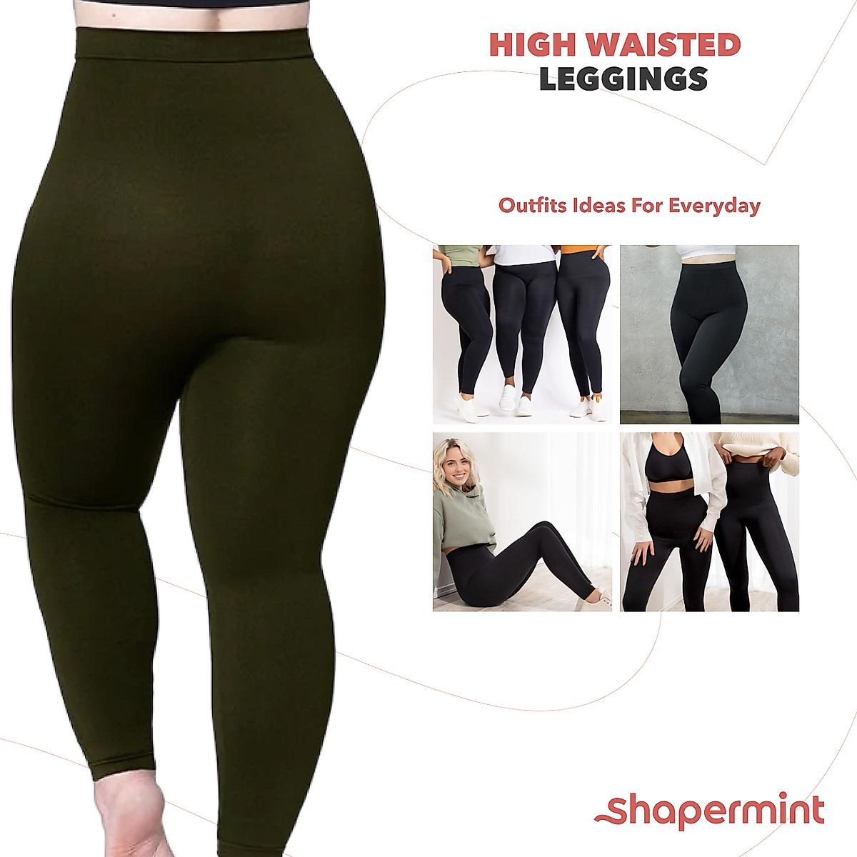SHAPERMINT Leggings for Women Tummy Control - High Waisted Shapewear Leggings, Womens Plus Size, Thick Non-See-Through Black
