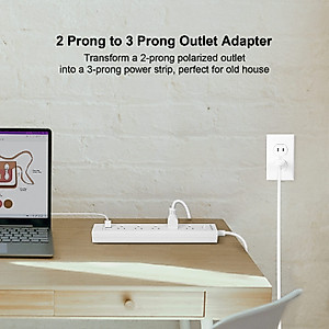 WANDOFO 2 Prong Power Strip, 5 FT Extension Cord Surge Protector, 5 Outlets and 3 USB, 13A/1625W, Polarized Two Prong to Three Prong Outlet Adapter Converter, Wall Mount, White
