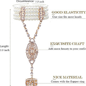Metme 1920s Flapper Bracelet Ring Set Gatsby Accessories Imitation Pearl Crystal Bracelet Adjustable Ring