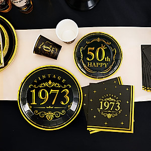 50th Birthday Party Paper Plates Cup Napkins - 96PCS Disposable Plates Cups Paper Napkins Women Men 50 Years Old Birthday Retirement Party Balck Gold Tableware Serves 24 Guests, 9” Plates, 7” Plates